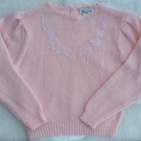 Vintage | Sweaters | Vintage Shenanigans Pink Sweater With Pearls ...